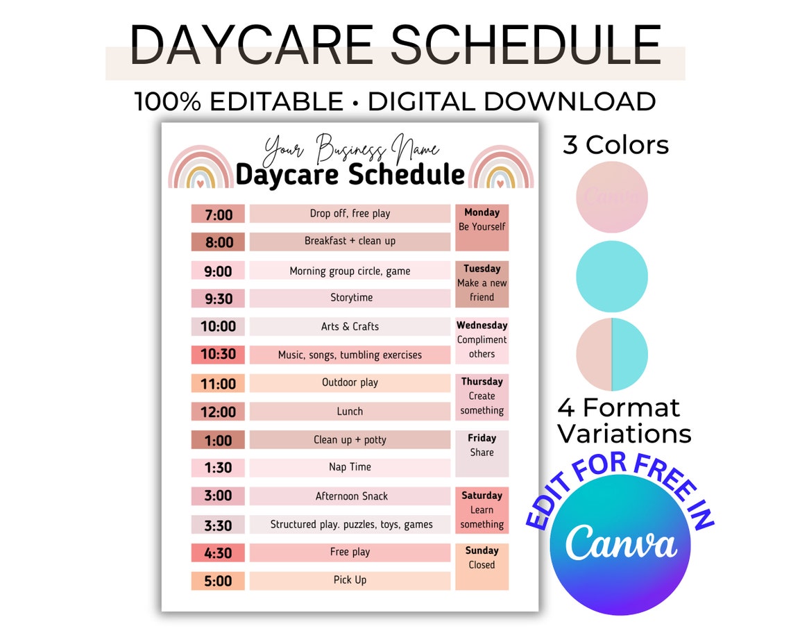 EDITABLE Daily Daycare Schedule, Childcare Daily Routine, Daily Routine ...