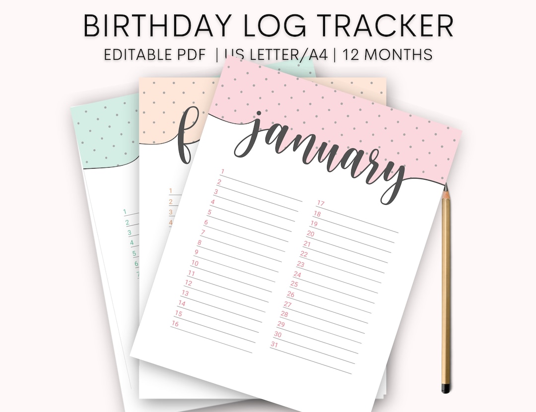 Editable Birthday Tracker, Birthday Reminder, Birthday Log, Printable ...