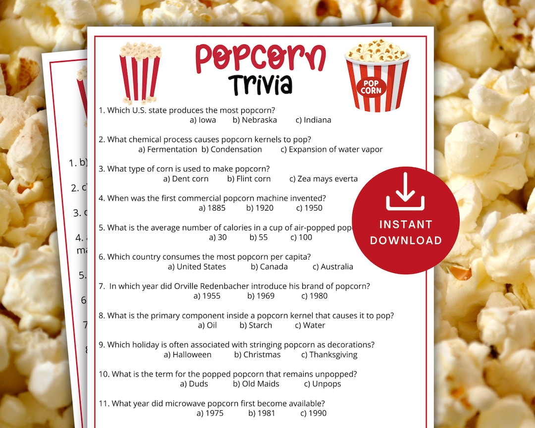 Popcorn Trivia Game, Printable Popcorn Game for Kids & Adults, Popcorn ...