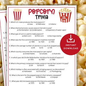 Popcorn Trivia Game, Printable Popcorn Game for Kids & Adults, Popcorn ...
