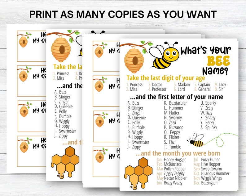What's Your Bee Name Game WITH NAMETAGS + SIGN, What Will Your Baby Bee ...