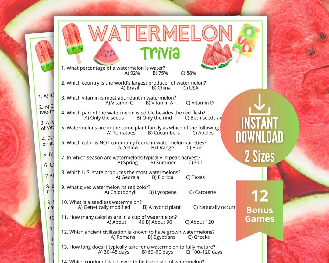 Watermelon Trivia Game, Spring Trivia Game, Summer Birthday Party Game ...
