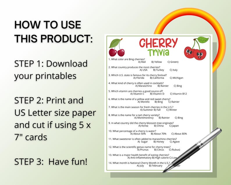 Cherry Trivia Game, Spring Trivia Game, Summer Birthday Party Game ...
