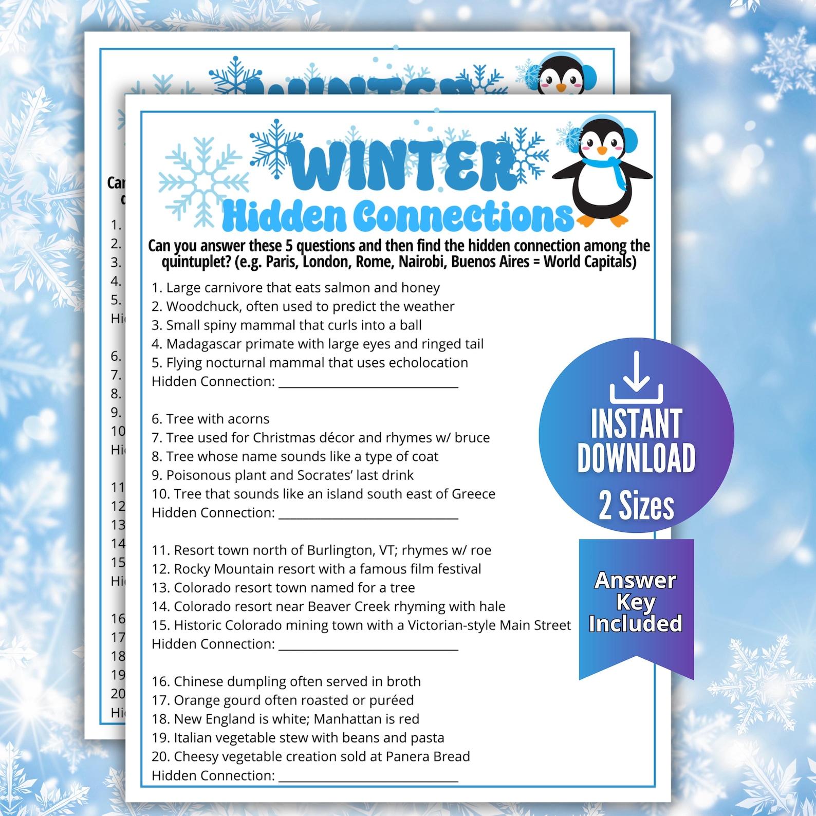 Winter Trivia Game, Winter Hidden Connection Puzzles,printable Quiz for ...