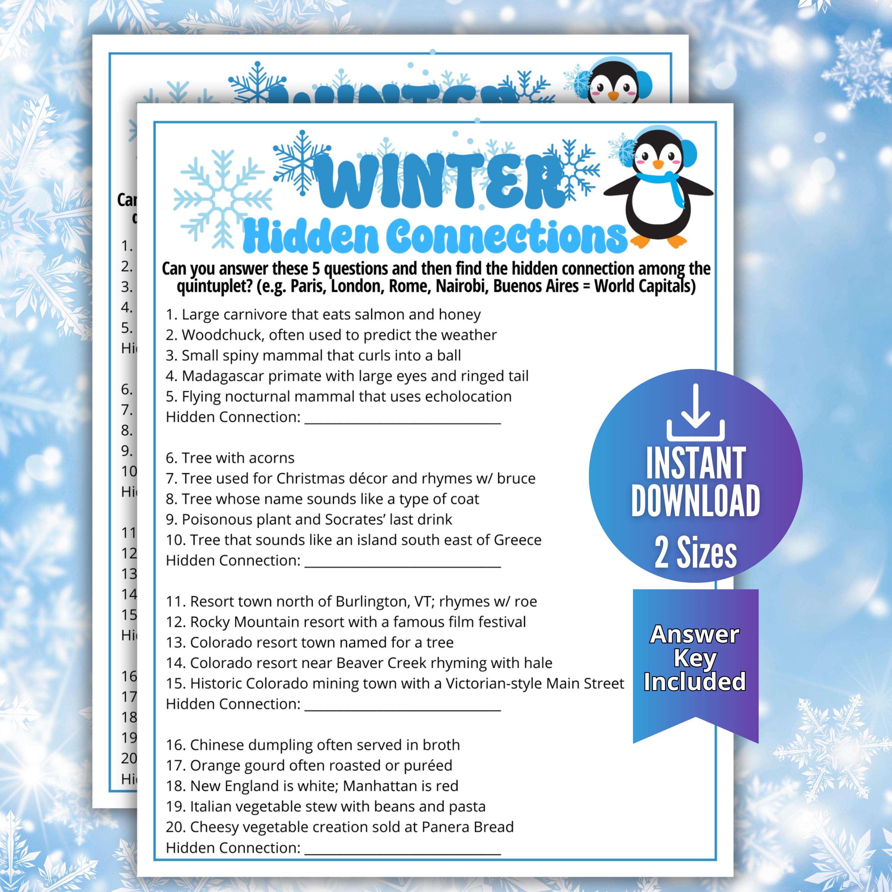 Winter Trivia Game, Winter Hidden Connection Puzzles,printable Quiz for ...