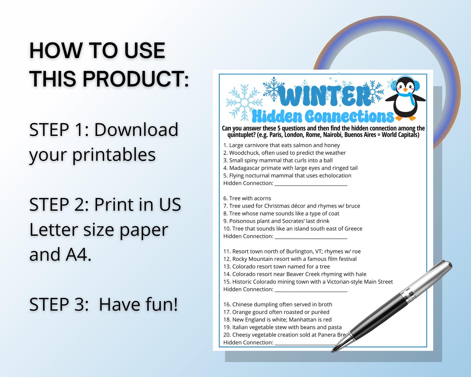 Winter Trivia Game, Winter Hidden Connection Puzzles,printable Quiz for ...