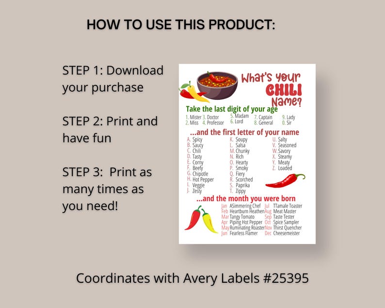 What's Your Chili Name Game WITH NAMETAGS + SIGN, Chili Party Game ...