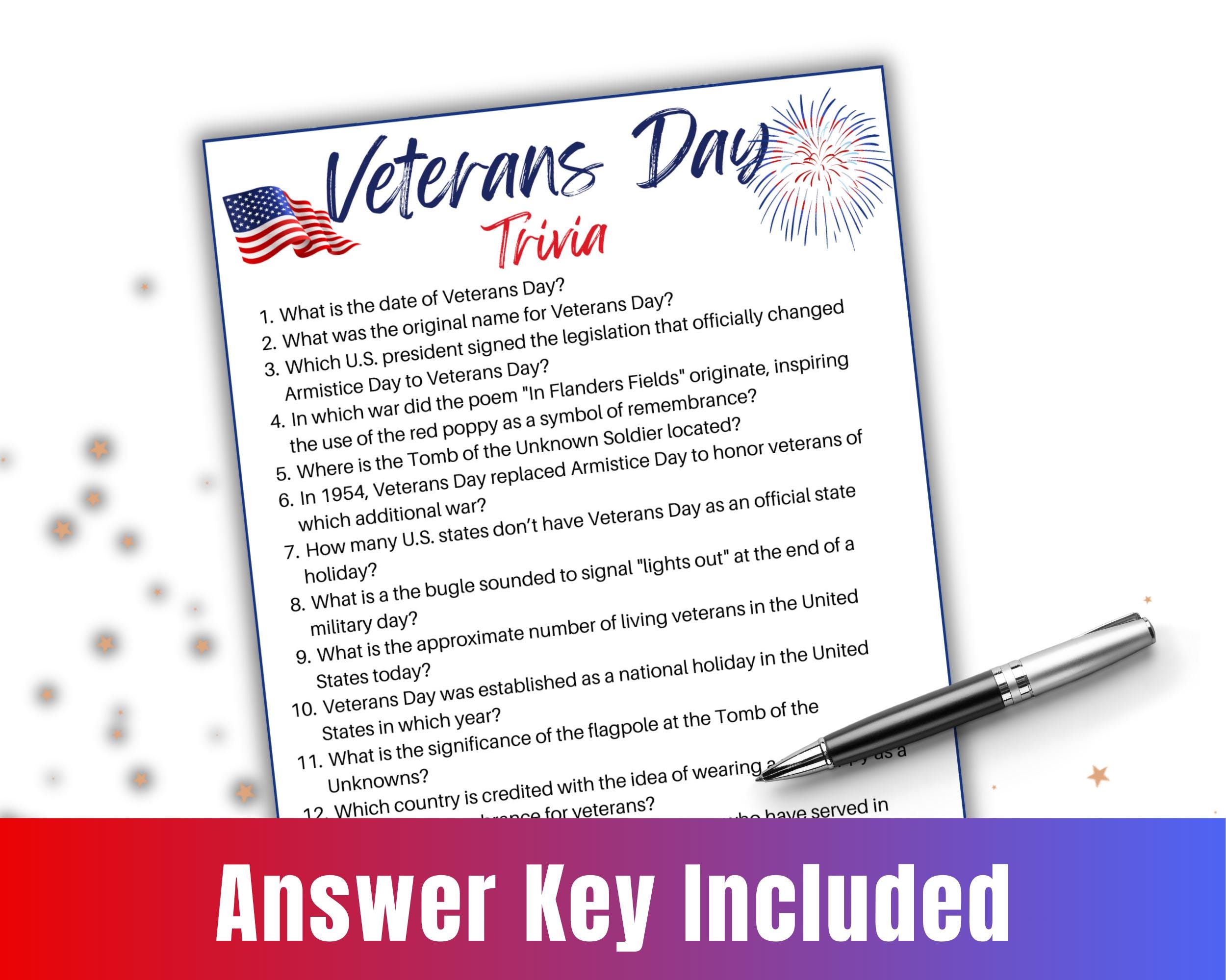 Veterans Day Trivia, Veterans Day Trivia Game, President's Day Trivia ...