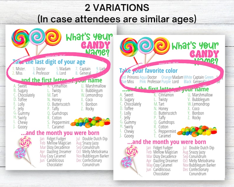 What's Your Candy Name Game WITH NAMETAGS + SIGN, Candy Party Game ...