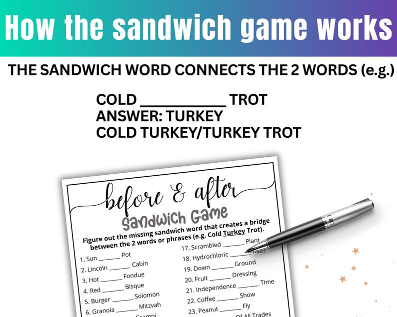 Before and After Sandwich Game,fill in the Blank Word Quiz,printable ...