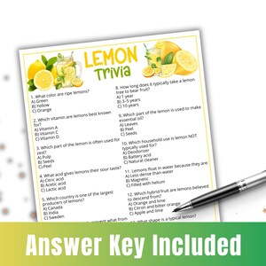 Lemon Trivia Game, Summer Lemonade Trivia Quiz, Summer Birthday Party ...