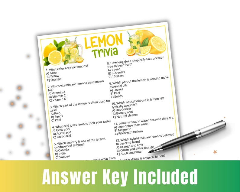 Lemon Trivia Game, Summer Lemonade Trivia Quiz, Summer Birthday Party ...