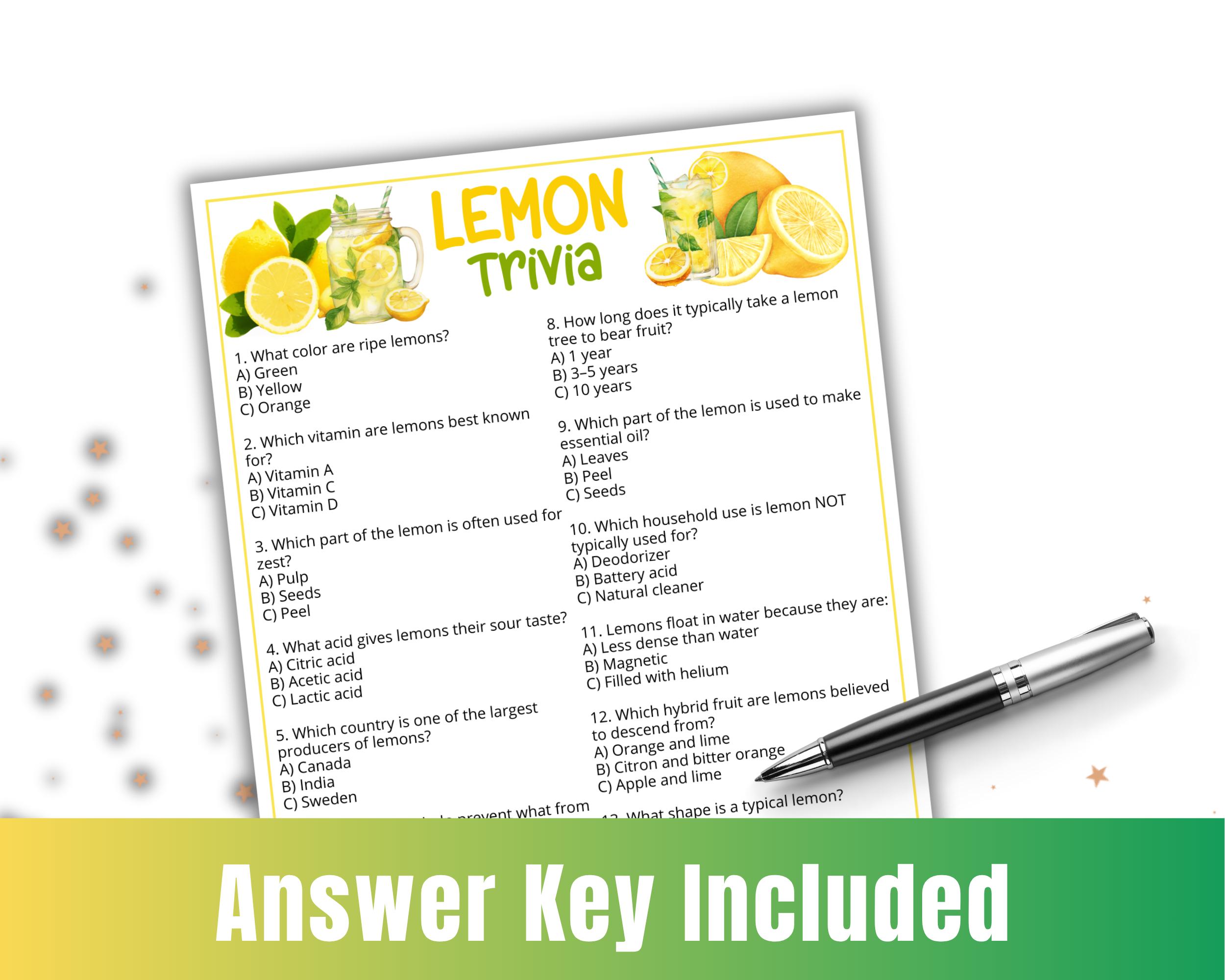 Lemon Trivia Game, Summer Lemonade Trivia Quiz, Summer Birthday Party ...