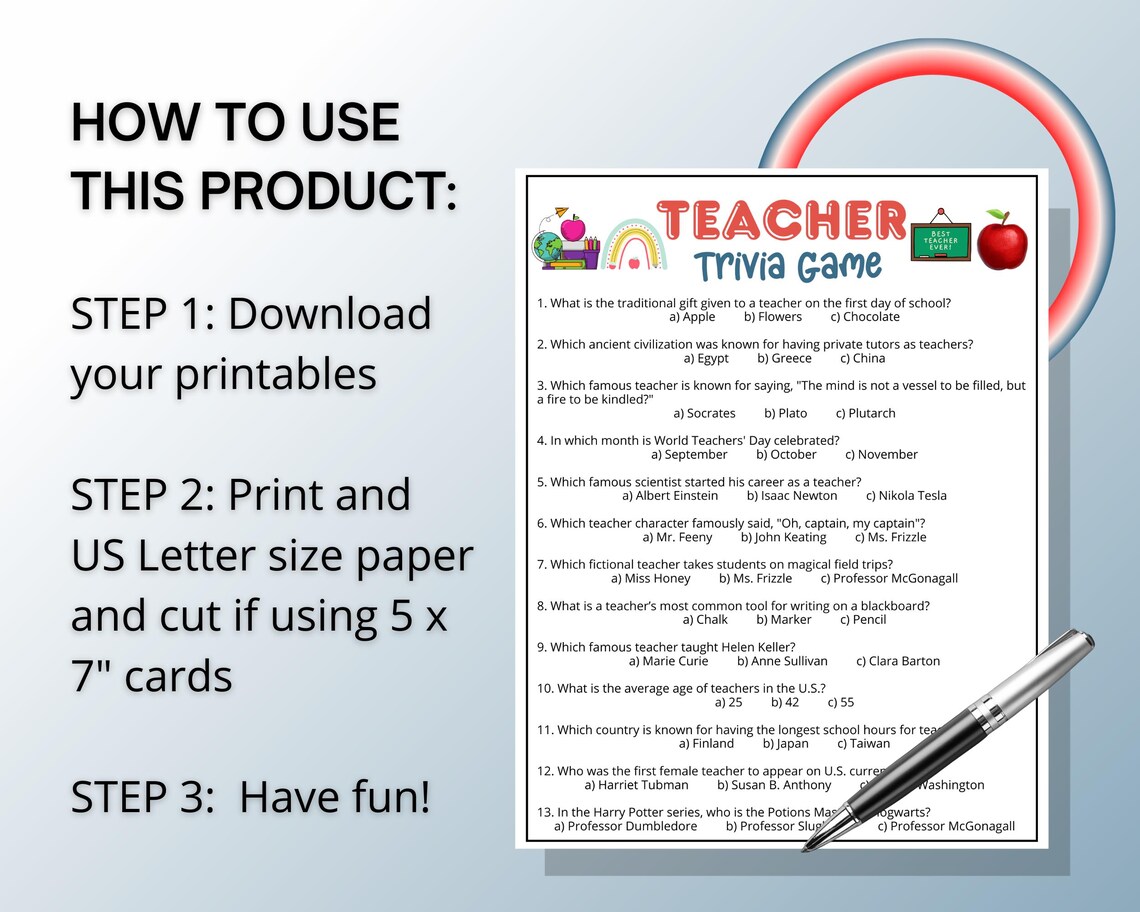 Teacher Trivia Game, Teacher Party Game, Back to School Trivia Game ...