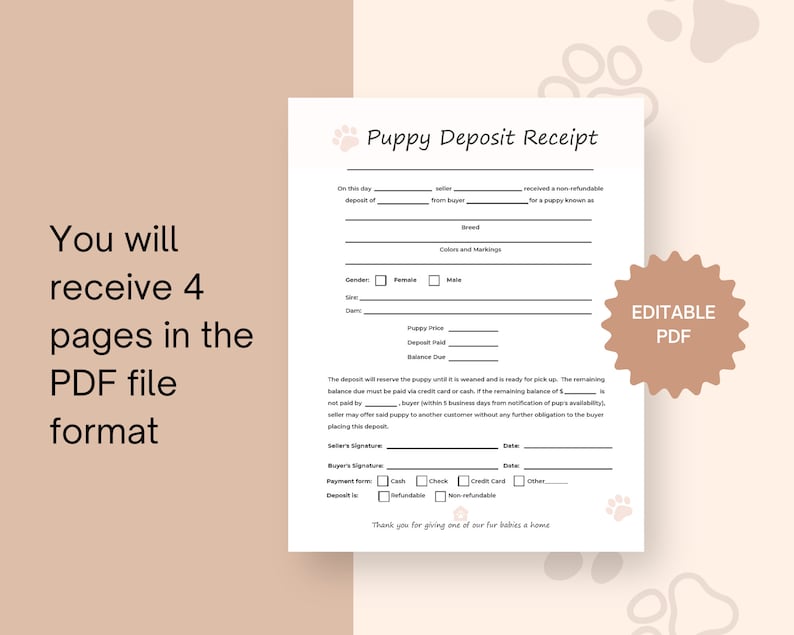 Puppy Deposit Receipt, Dog Breeder Forms, Best Selling Puppy Deposit ...