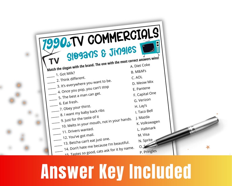 1990s Slogan Trivia Game, 90s Ad Slogans Jingles, TV Commercial Match ...