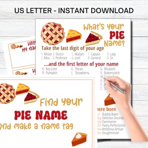 What's Your Pie Name Game WITH NAMETAGS + SIGN, Pie Holiday Party Game ...