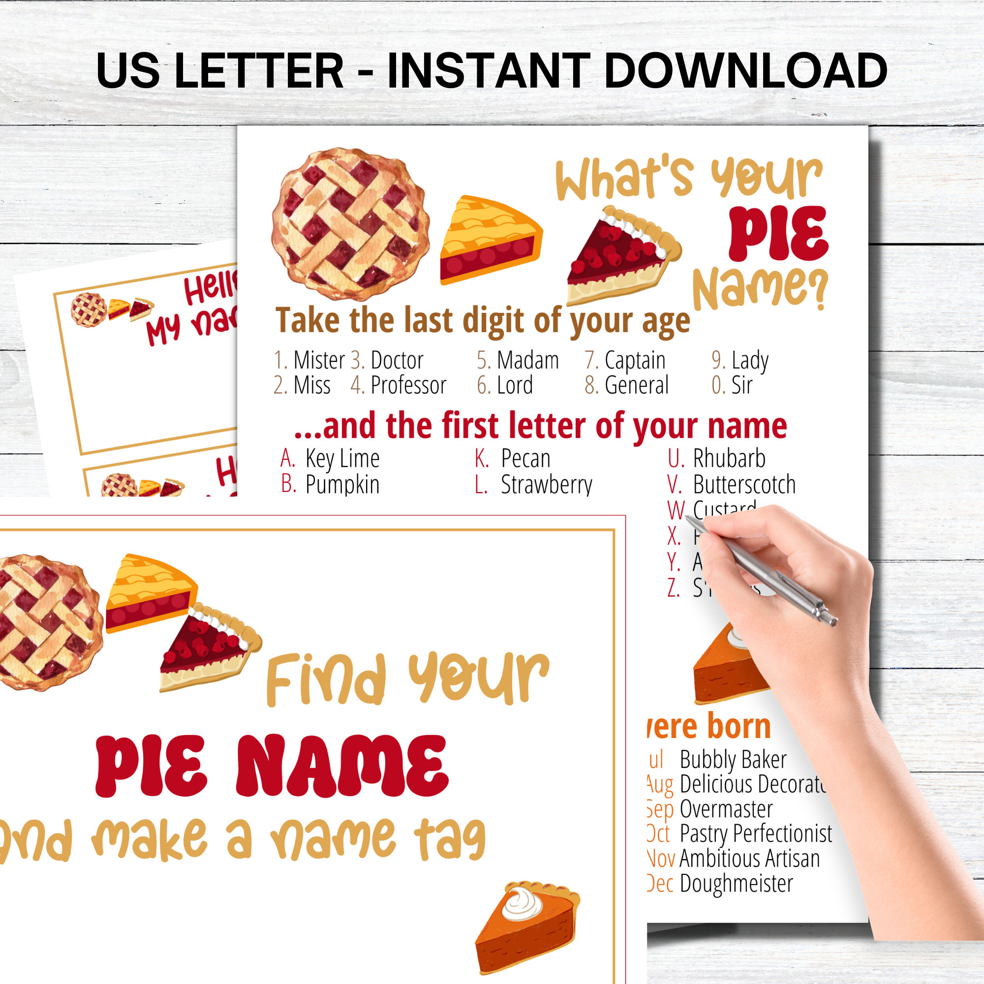 What's Your Pie Name Game WITH NAMETAGS SIGN, Pie Holiday Party Game ...