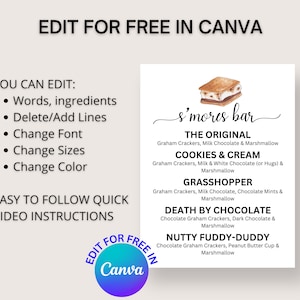 Editable S'mores Bar Menu, Printable Smores Bar Sign, S'mores Station ...