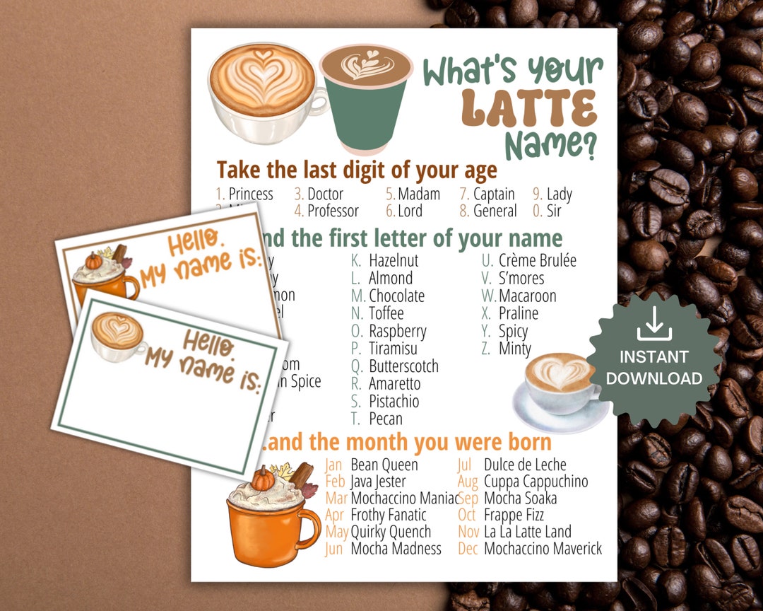 What's Your Latte Name Game WITH NAMETAGS + SIGN, Brunch Party Game ...