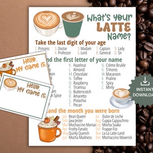 What's Your Latte Name Game WITH NAMETAGS + SIGN, Brunch Party Game ...