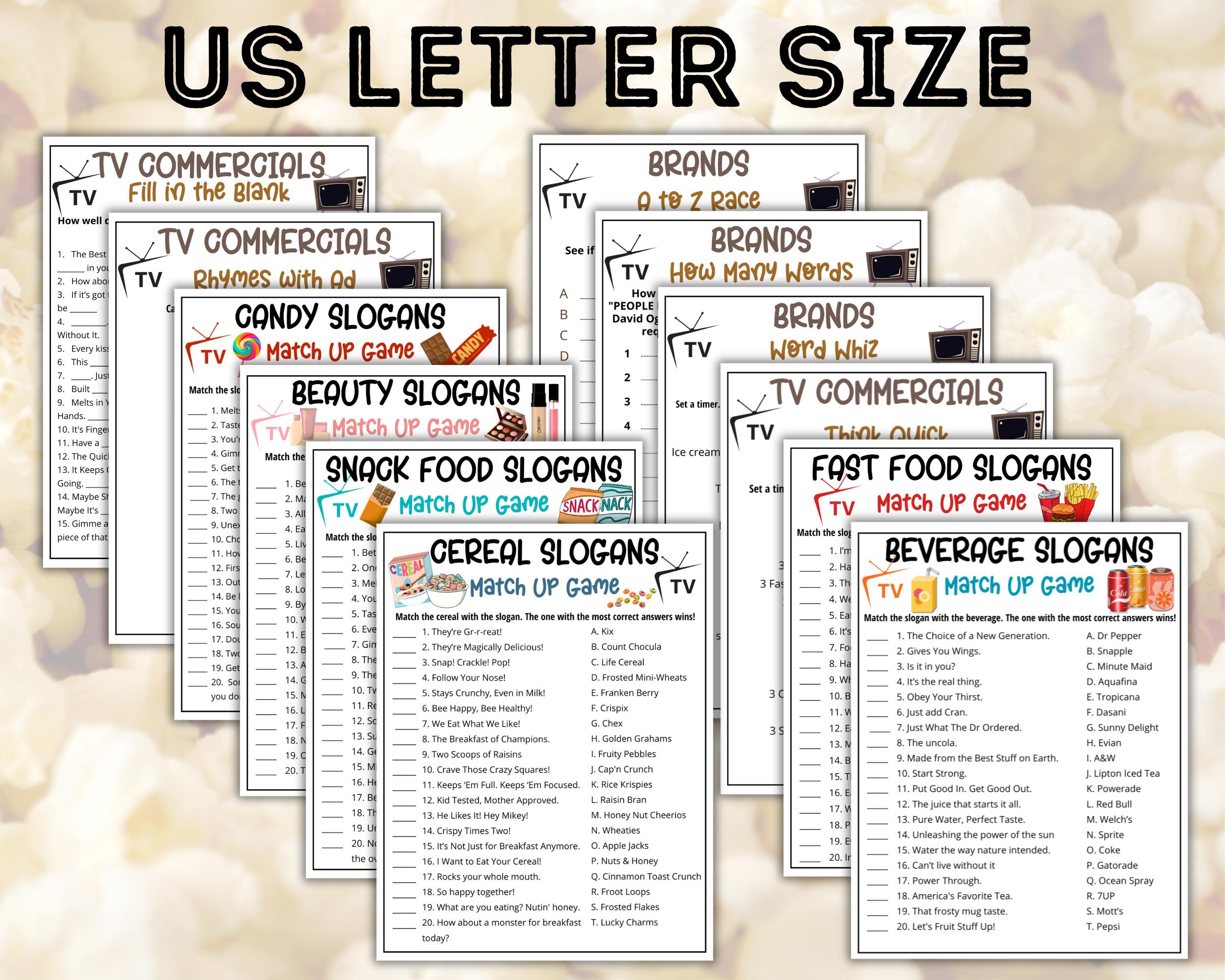 Slogan Game Bundle, TV Commercial Quiz, Cereal Slogans, Pop Culture ...