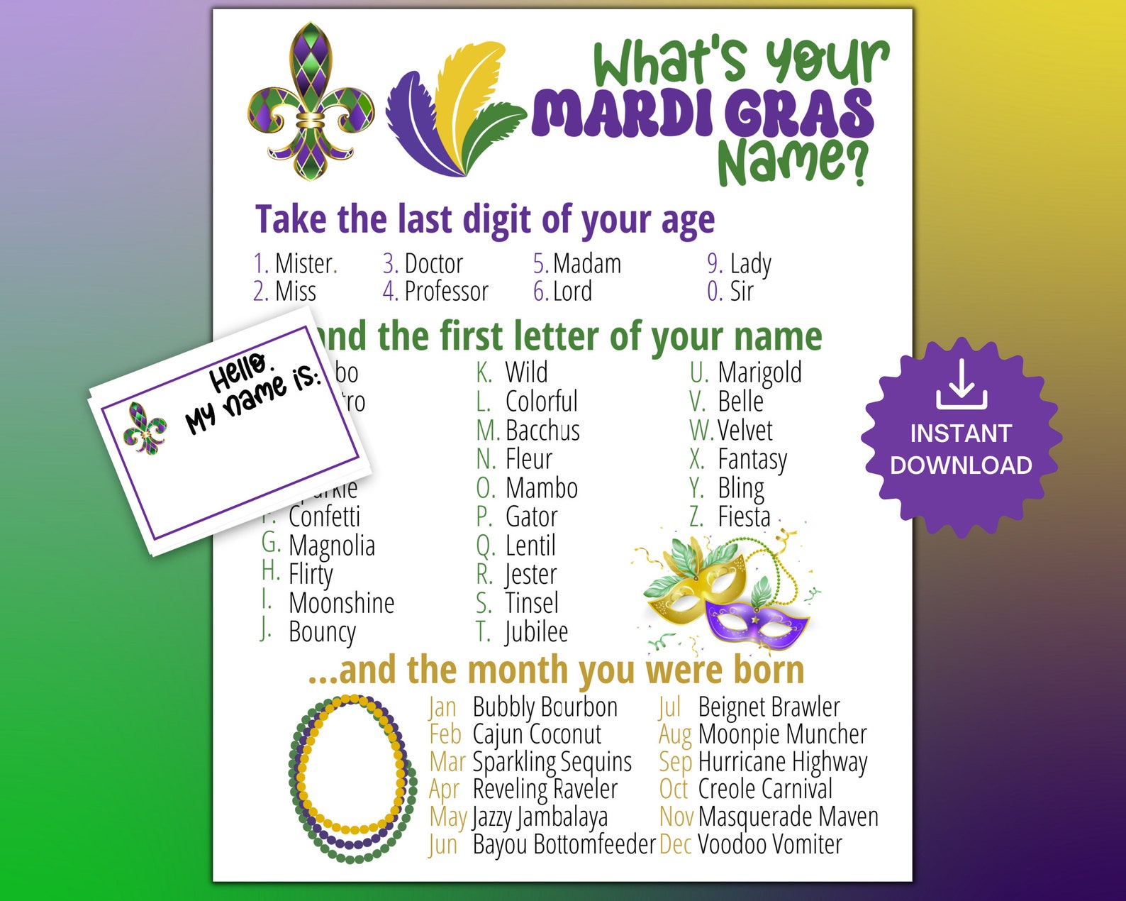 What's Your Mardi Gras Name Game WITH NAMETAGS + SIGN, Game, Mardi Gras ...