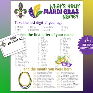 What's Your Mardi Gras Name Game WITH NAMETAGS + SIGN, Game, Mardi Gras ...