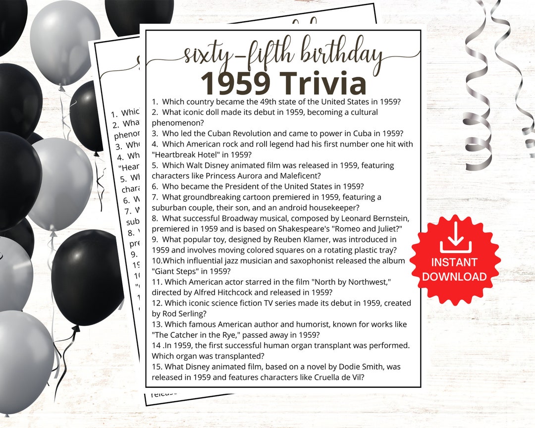 1959 Trivia Game, 65th Birthday Party Games, Born in 1959 Game, 1959 ...