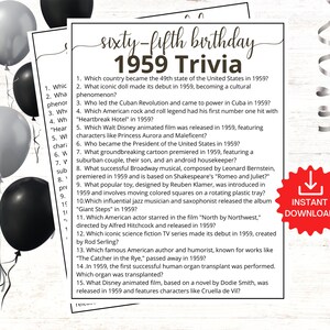 1959 Trivia Game, 65th Birthday Party Games, Born in 1959 Game, 1959 ...