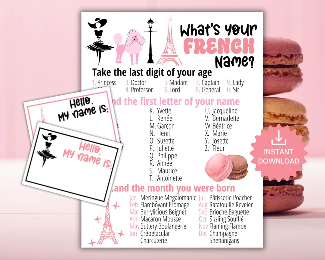 What's Your French Name Game WITH NAMETAGS + SIGN, French Food Paris ...