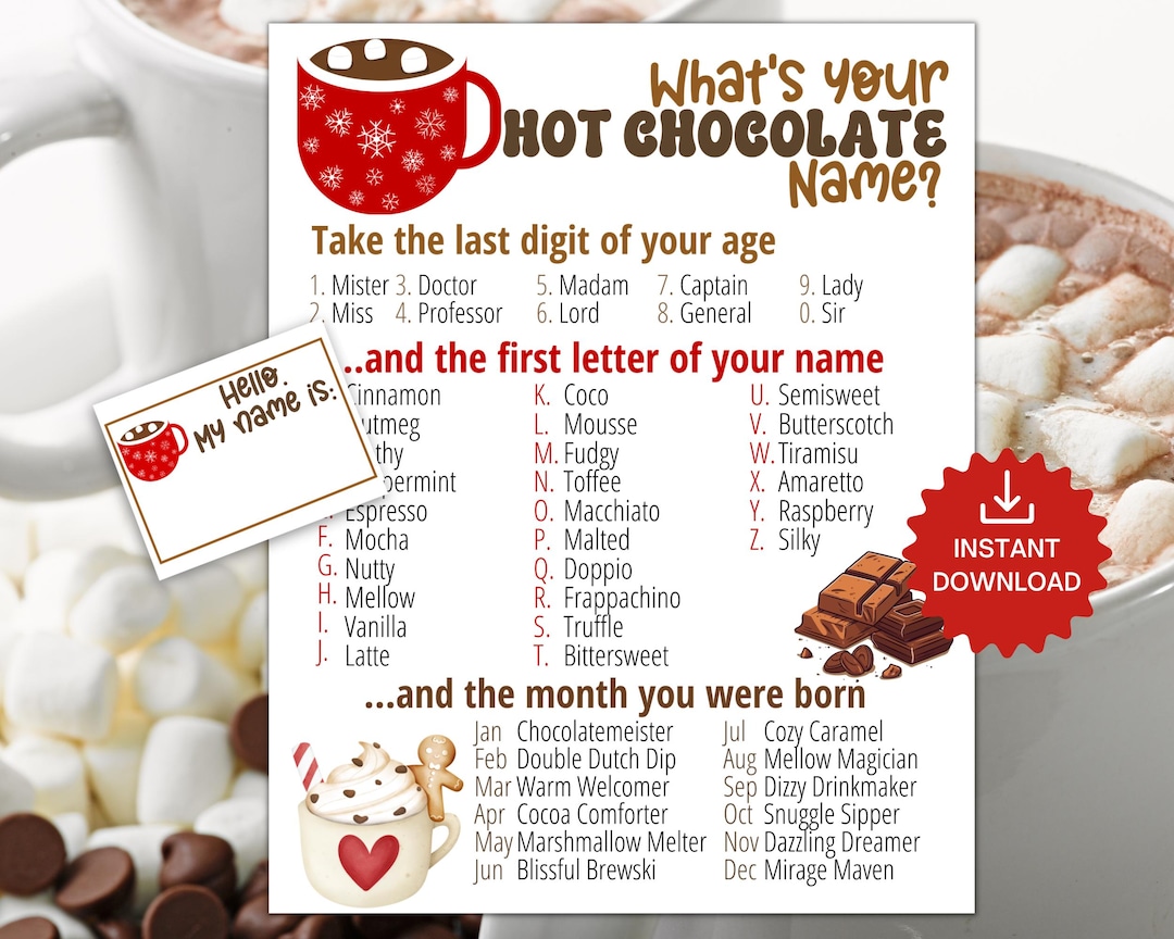 What's Your Hot Chocolate Name Game WITH NAMETAGS + SIGN, Chocolate ...