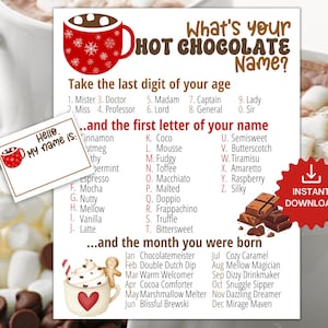 What's Your Hot Chocolate Name Game WITH NAMETAGS + SIGN, Chocolate ...