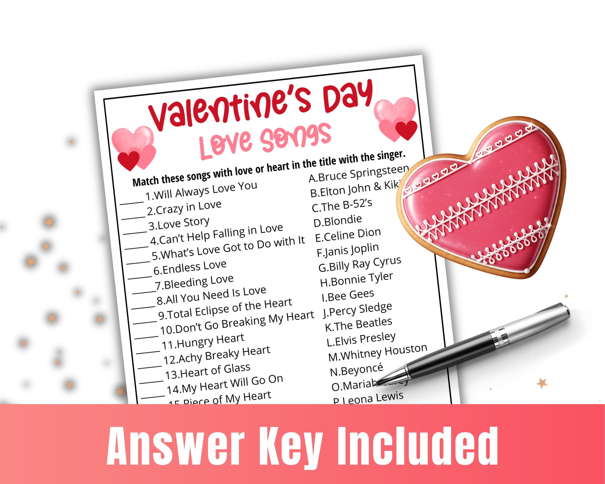 Valentine's Day Love Song Trivia Game, Romantic Music Match, Valentine ...