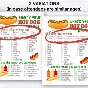 What's Your Hot Dog Name Game With NAMETAGS & SIGN, Hot Dog Party Game ...