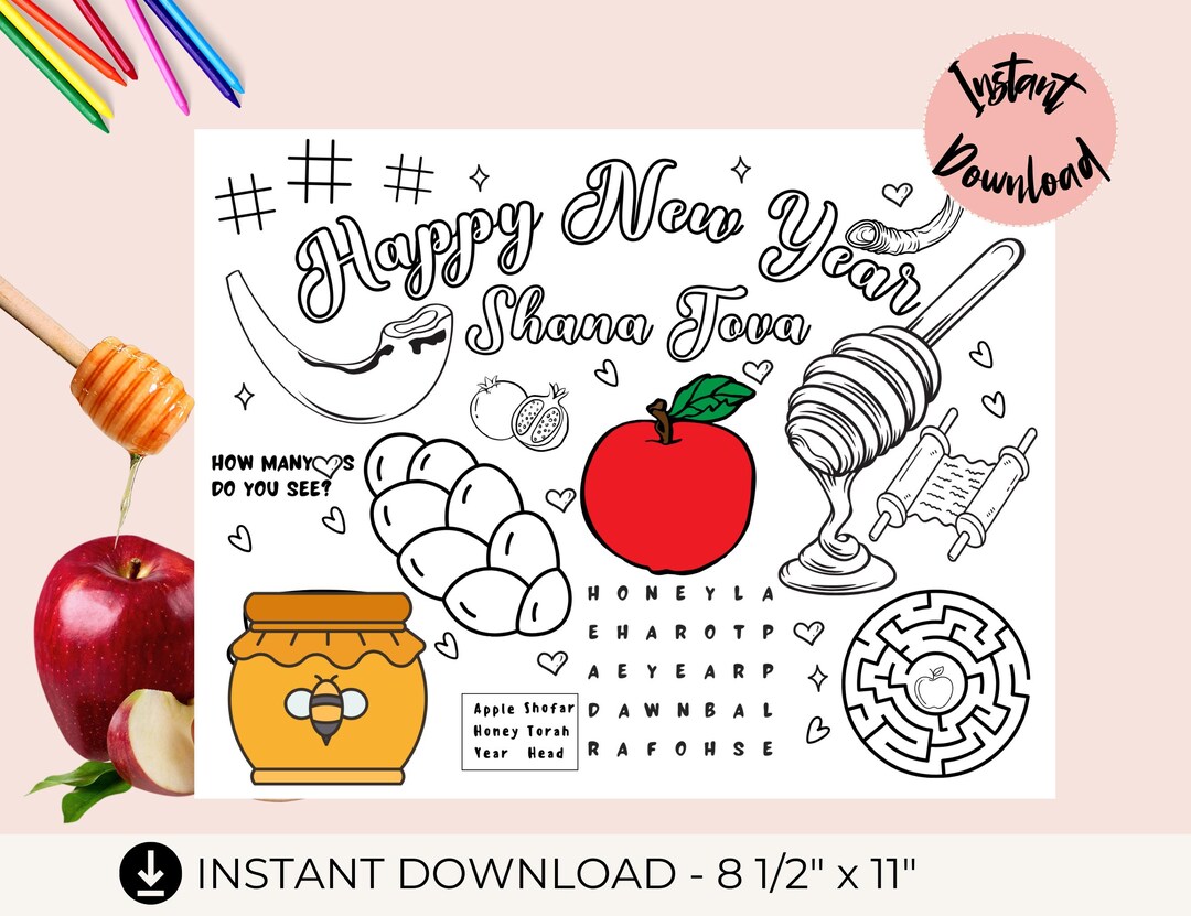 Rosh Hashanah Coloring Placemat, Jewish Coloring Activity, Happy New ...