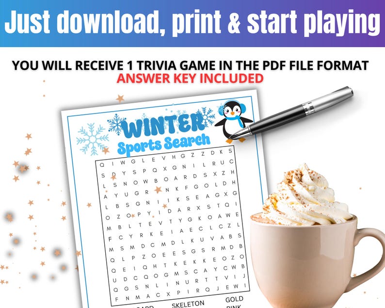 Winter Sports Word Search, Winter Solstice Holiday Game, Winter Party ...