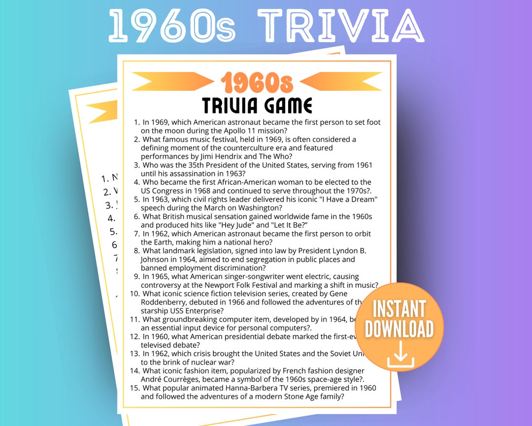 1960s Decade Trivia Game, Trivia Questions, 60s Trivia Quiz, 1960s ...