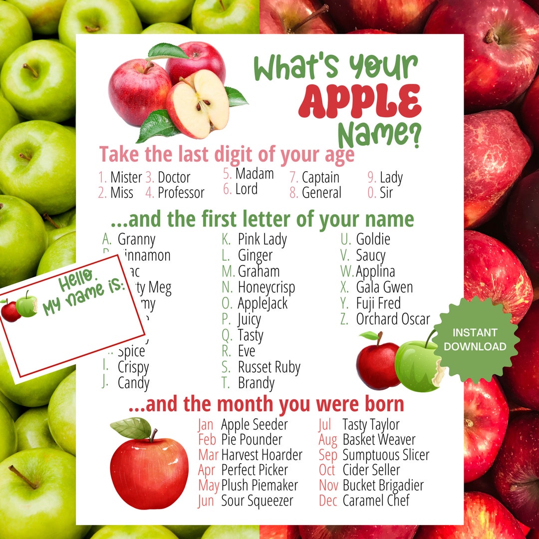 What's Your Apple Name Game WITH NAMETAGS + SIGN, Apple Picking Party ...