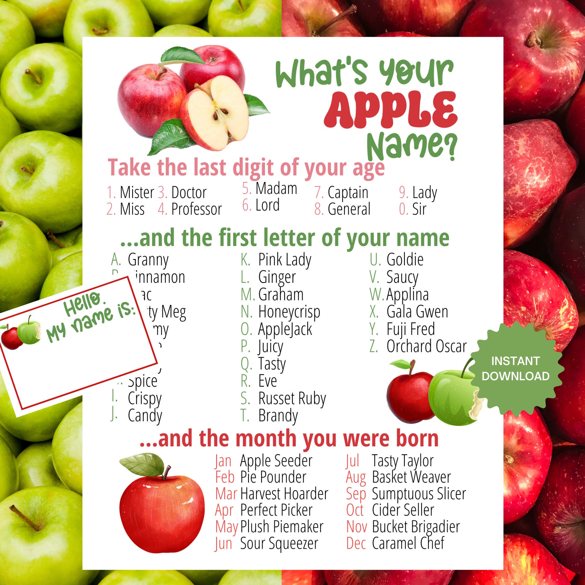 What's Your Apple Name Game WITH NAMETAGS SIGN, Apple Picking Party ...