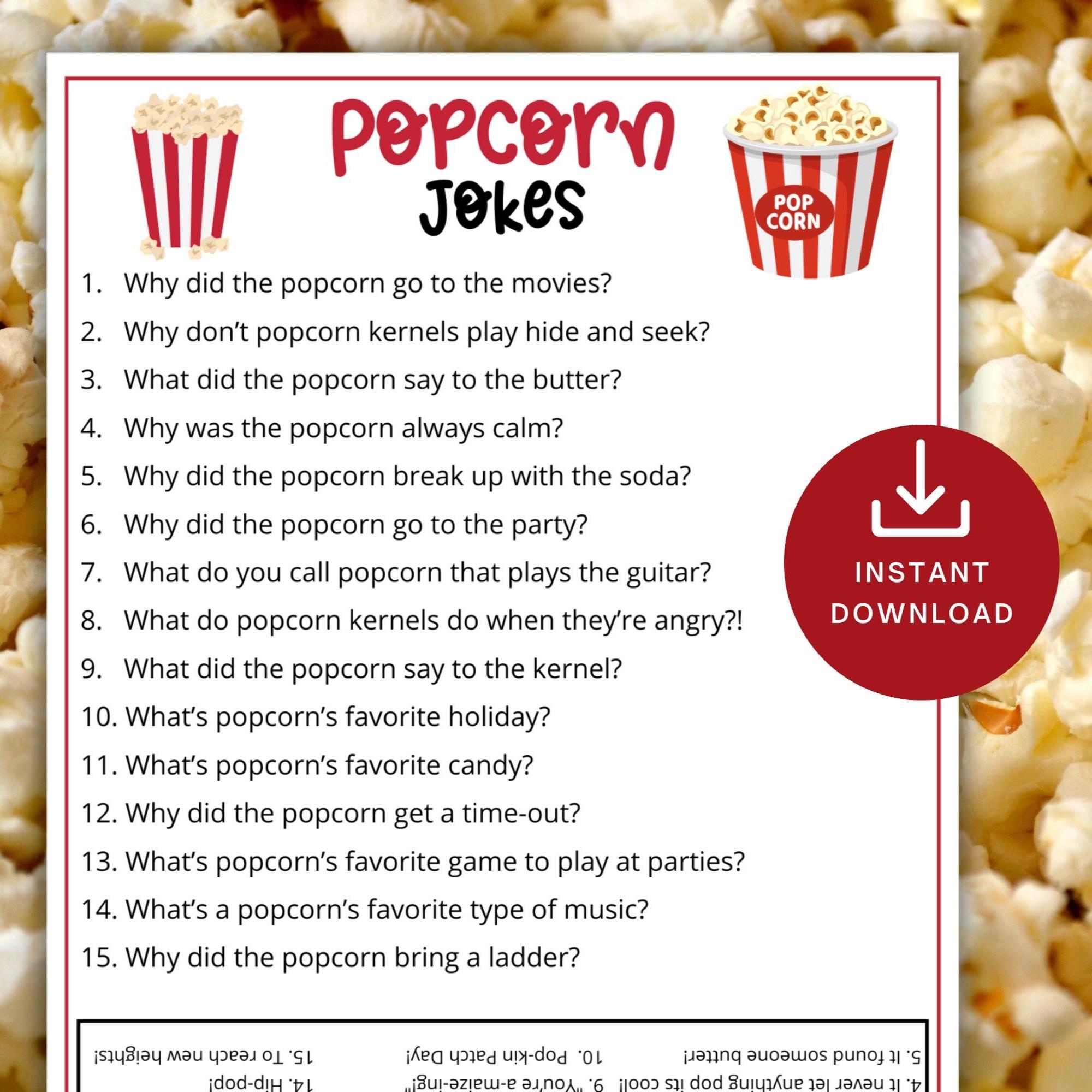 Popcorn Jokes for Kids, Printable Popcorn Pun Game, Popcorn Baby Shower ...