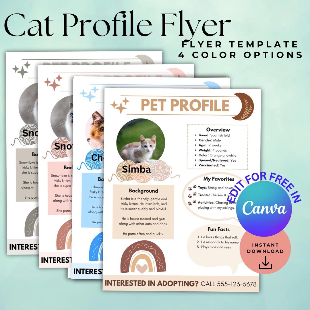 Editable Pet Profile CANVA Template, Cat Adoption Marketing Flyer ...