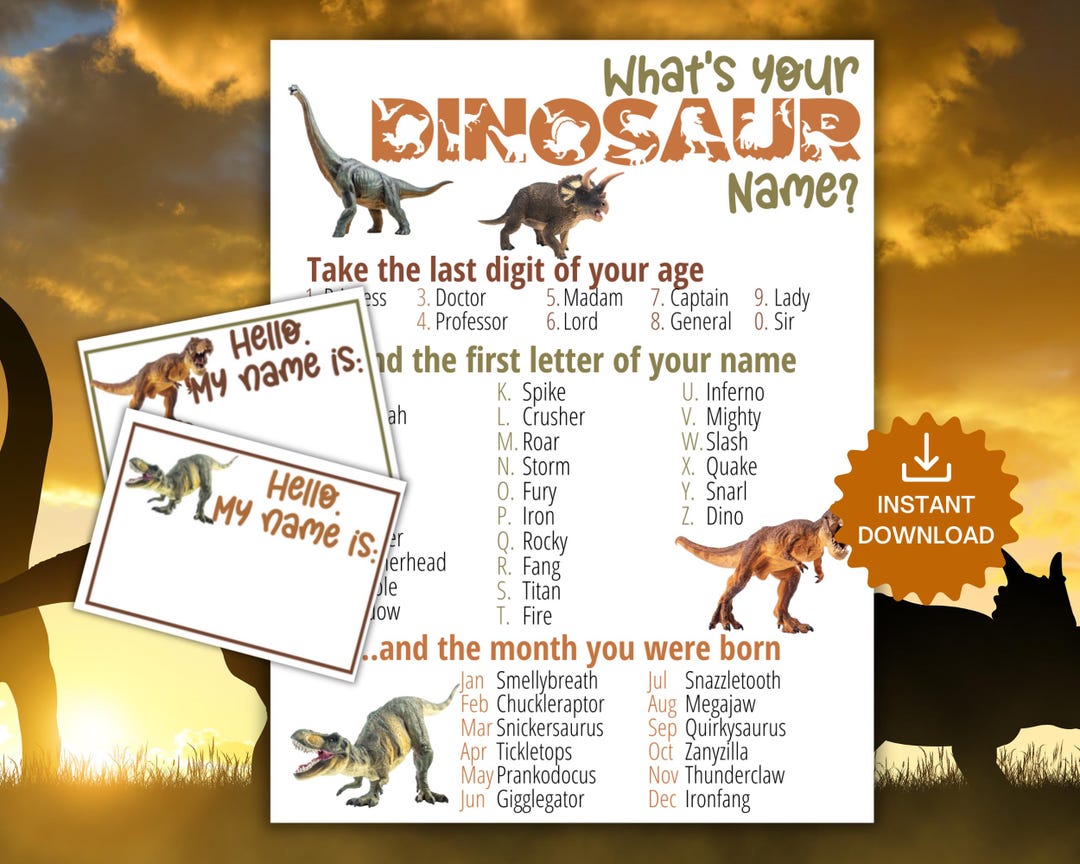 What's Your Dinosaur Name Game WITH NAMETAGS + SIGN, Dinosaur Birthday Activity, Paleontology ...