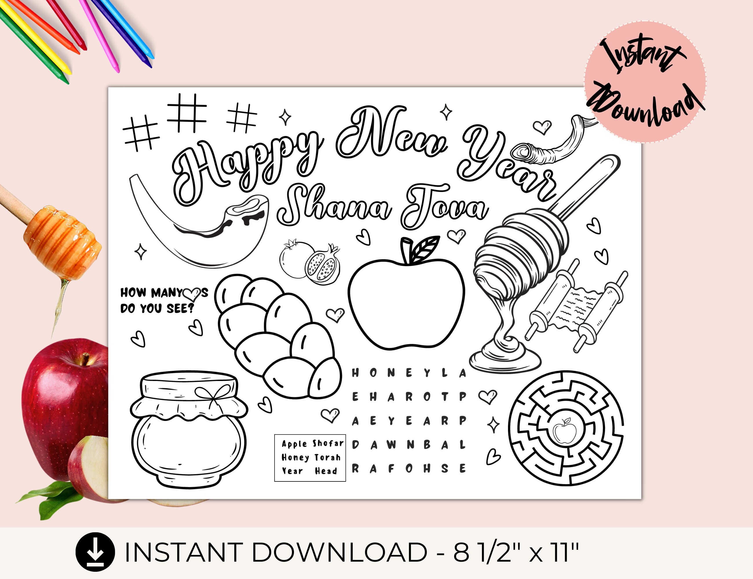 Rosh Hashanah Coloring Placemat Jewish Coloring Activity - Etsy