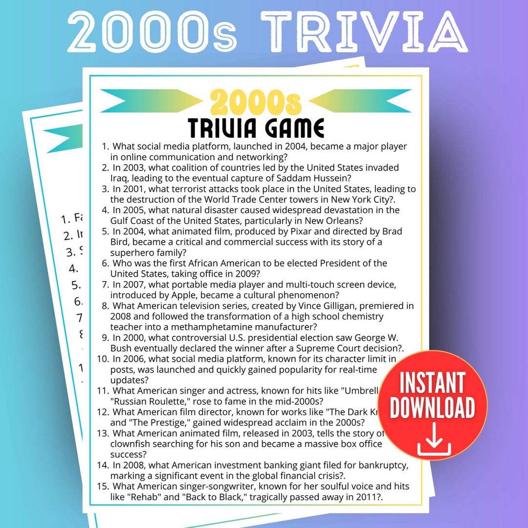 2000s Decade Trivia Game, Trivia Questions, 2000s Trivia Quiz, 2000s ...