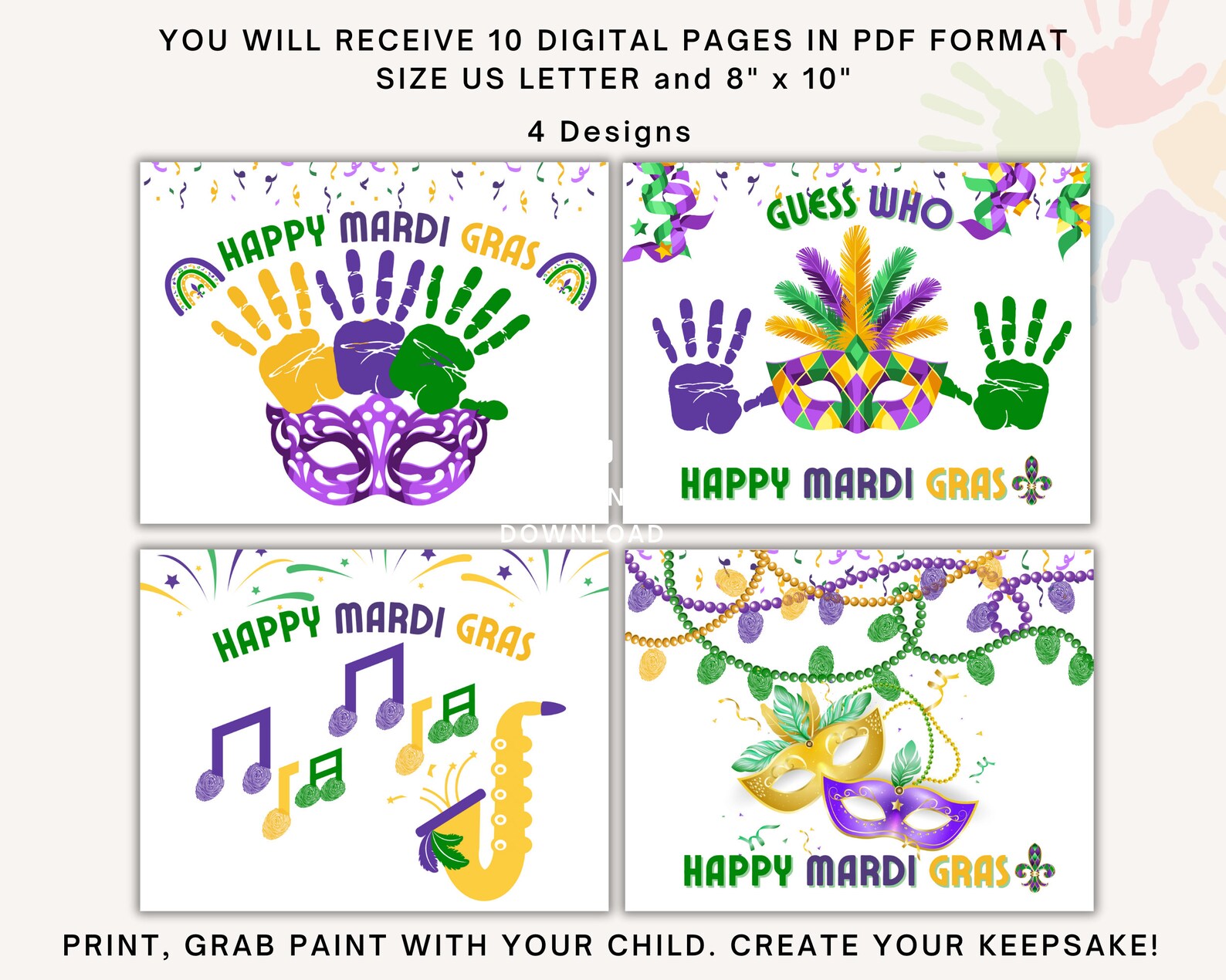 Mardi Gras Handprint Art, - 4 Pack Bundle Mardi Gras Activity ...