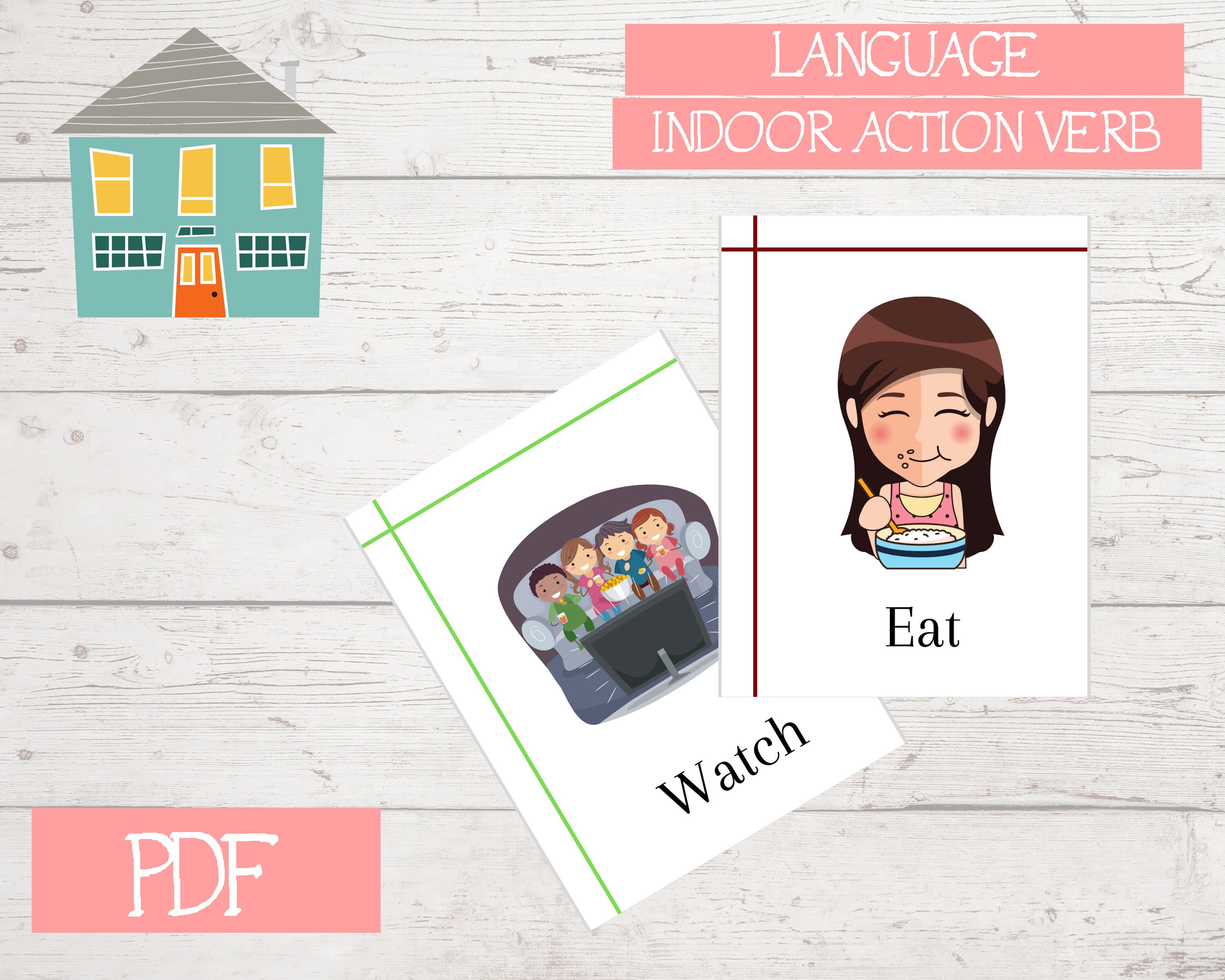 Indoor Action Verb Cards Montessori Cards Flash Cards Pdf Printable ...
