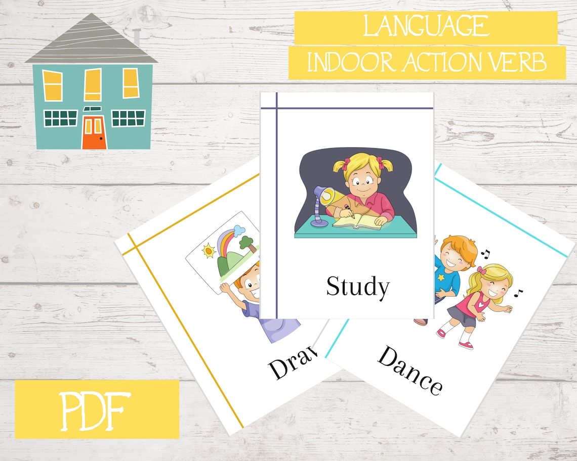 Indoor Action Verb Cards Montessori Cards Flash Cards Pdf Printable ...