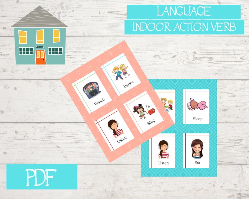 Indoor Action Verb Cards Montessori Cards Flash Cards Pdf Printable ...