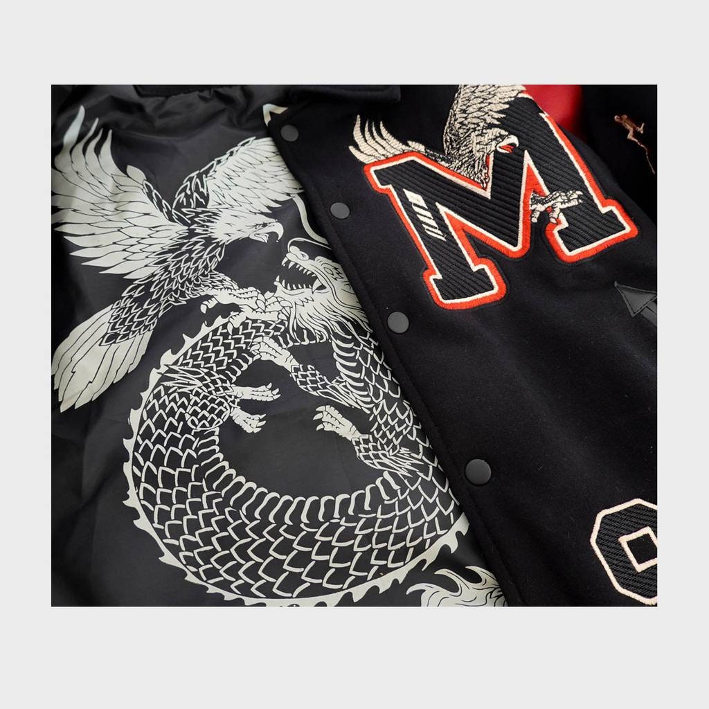Flying Dragon VS Bird Varsity Jacket - Black - Streetwear - Japanese ...